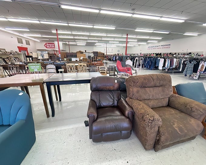 The SuperThrift panorama—where clothing racks meet furniture islands in a sea of possibilities. Bring your imagination and leave with inspiration.