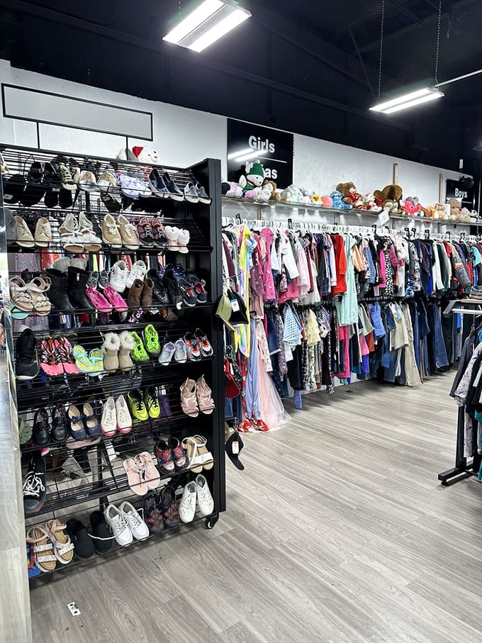 Tiny fashionistas can find their next runway look in the children's section, where outgrown clothes get second chances at playground glory.