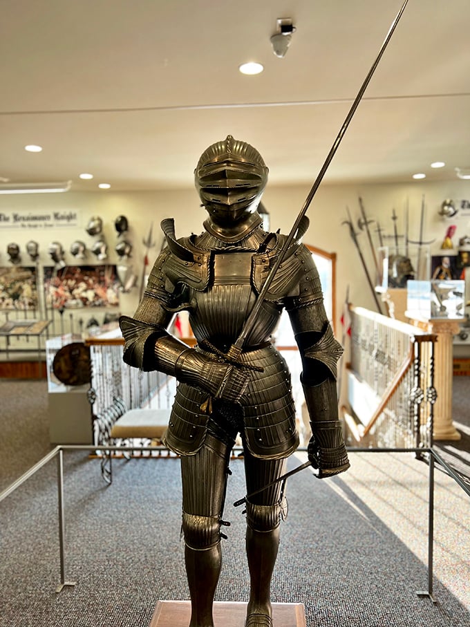 Not your Halloween costume store knight – this intricately crafted armor represents the pinnacle of medieval defensive technology and aristocratic fashion.