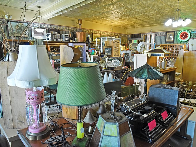 Lampshades from every era gather like a support group for the formerly fashionable. That mint green beauty is staging a comeback.