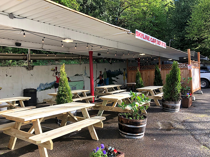 The outdoor seating area—where Portland's rare sunny days meet America's favorite comfort food. Nature and nurture in perfect harmony.