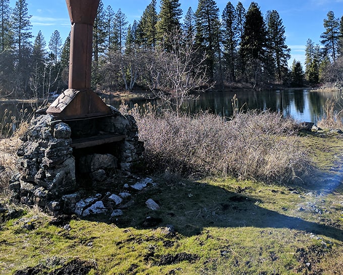 Campfire cooking, pioneer style. This stone fireplace has likely witnessed countless s'mores sessions and tall tales under starlit skies.