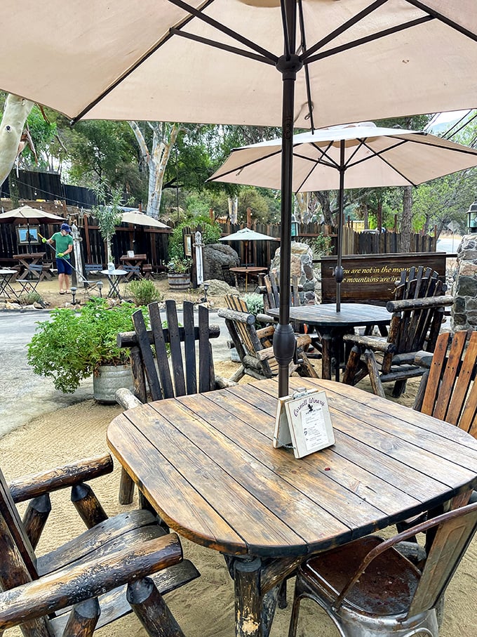 The outdoor seating area feels like dining in a friend's backyard—if your friend happened to own a slice of rustic paradise in the Santa Monica Mountains.