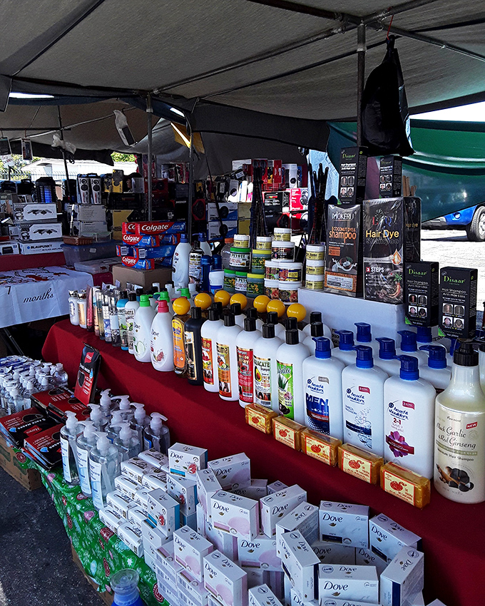 Personal care products lined up with military precision – because even bargain hunters deserve to smell fantastic.