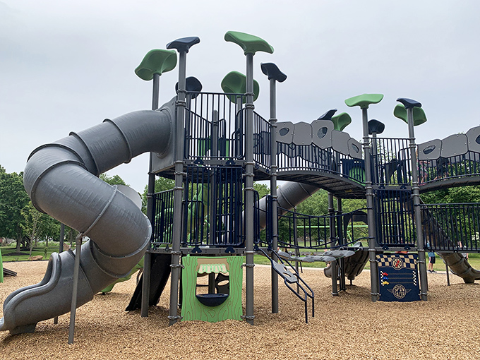 Modern playground equipment proves this park knows how to balance historical preservation with contemporary family fun.