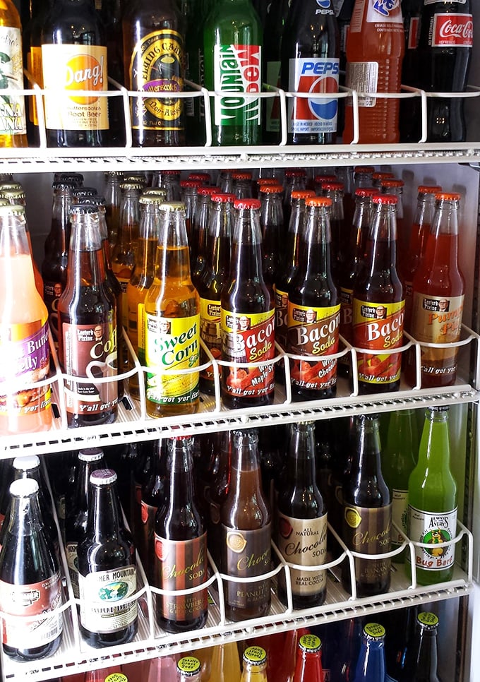 Bacon soda sits proudly beside sweet corn cola. This refrigerator isn't selling drinks—it's offering liquid adventures your mainstream grocery store wouldn't dare.