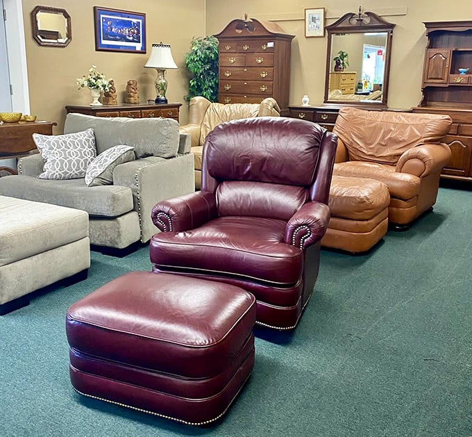 The leather chair lineup looks like a support group for comfortable seating, each with tales of living rooms past and Netflix marathons to come.