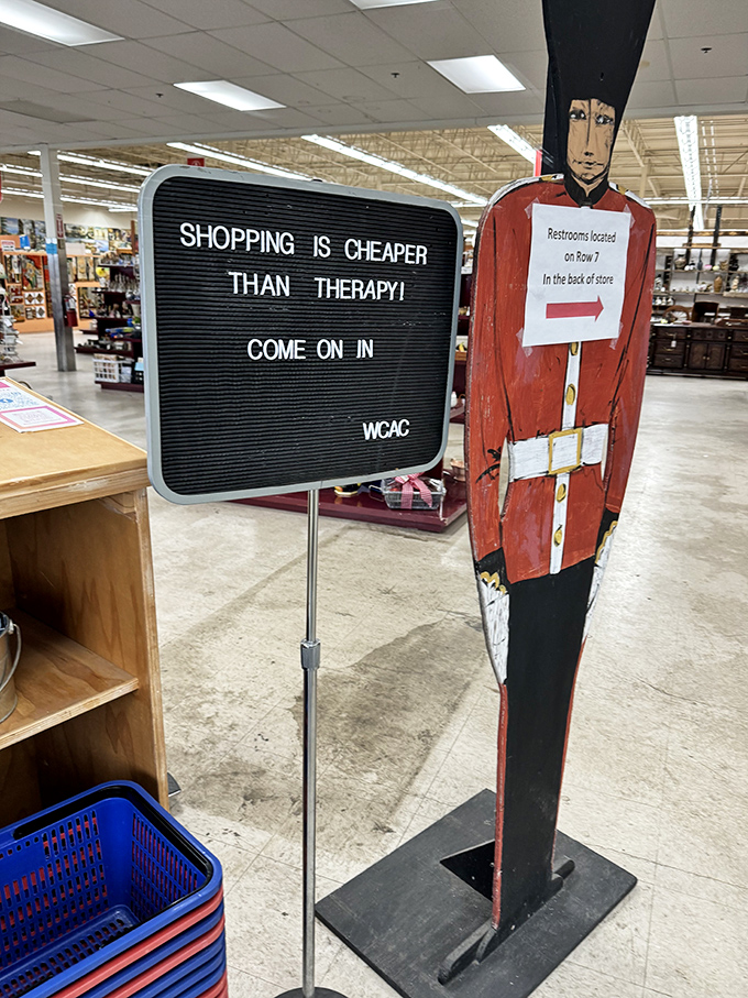 "Shopping is cheaper than therapy" – words to live by at the entrance, where a British guard cutout stands at attention, directing you to bathroom relief.
