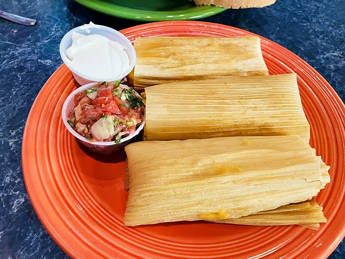 Traditional tamales served on a fiesta-bright plate with fresh pico de gallo. These corn husk-wrapped treasures are like little edible gifts.