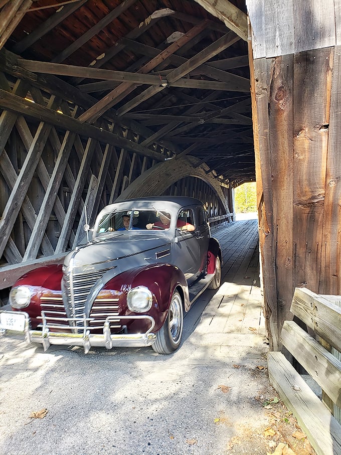 Classic cars and covered bridges – proof that some things never go out of style gracefully.