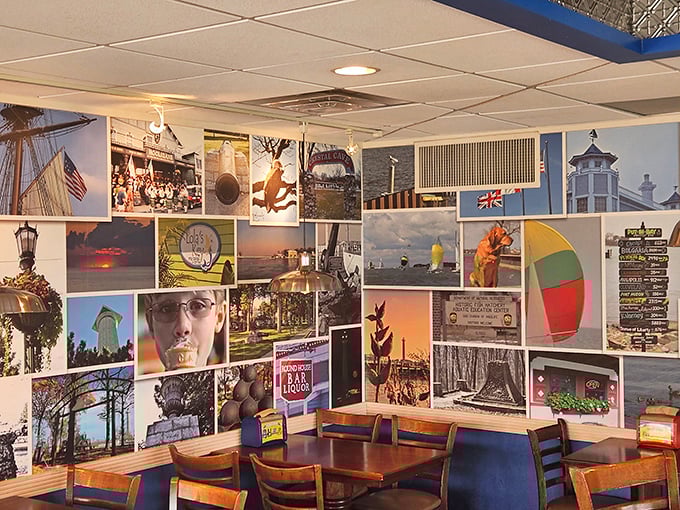 A photo collage wall telling Put-in-Bay stories—from sunset views to iconic landmarks—giving diners a visual island tour between bites.