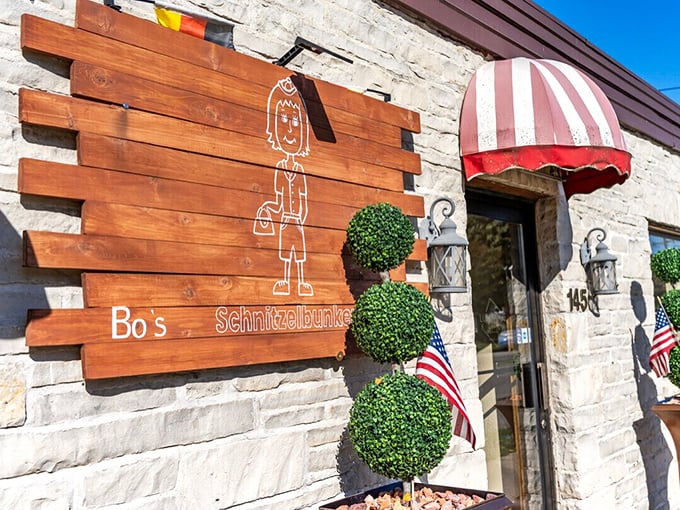 Bo's Schnitzelbunker announces its mission with charming directness. Those topiary plants stand at attention, guarding the schnitzel secrets within.