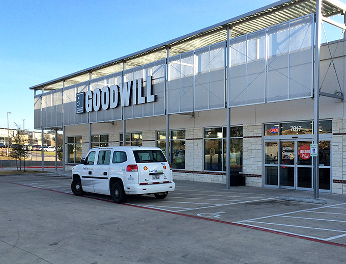 Goodwill's sleek, contemporary design breaks the thrift store stereotype, promising a shopping experience as fresh as its facade.