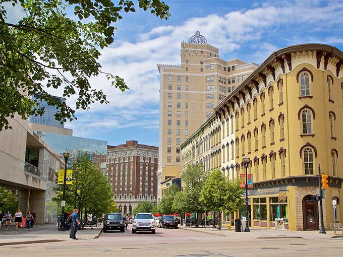 Grand Rapids' skyline blends historic and modern architecture, creating a distinctive urban landscape along the Grand Rapids.
