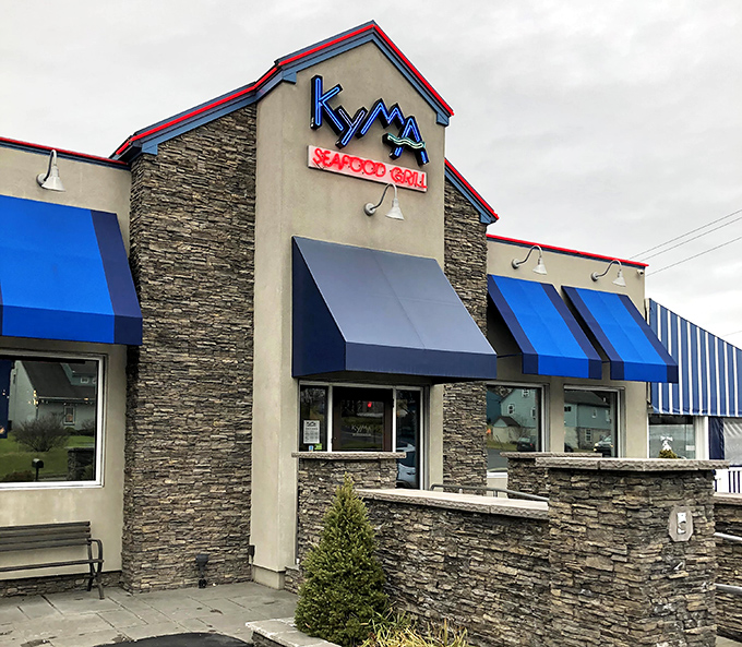 Kyma's stone and blue exterior hints at Mediterranean treasures waiting inside – spoiler: they deliver.