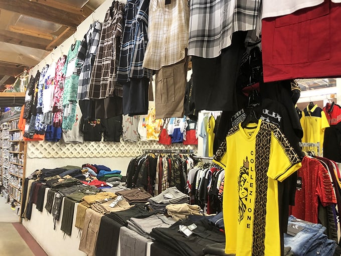 Men's apparel hangs like armor for the budget-conscious warrior, ready for workplace or weekend.