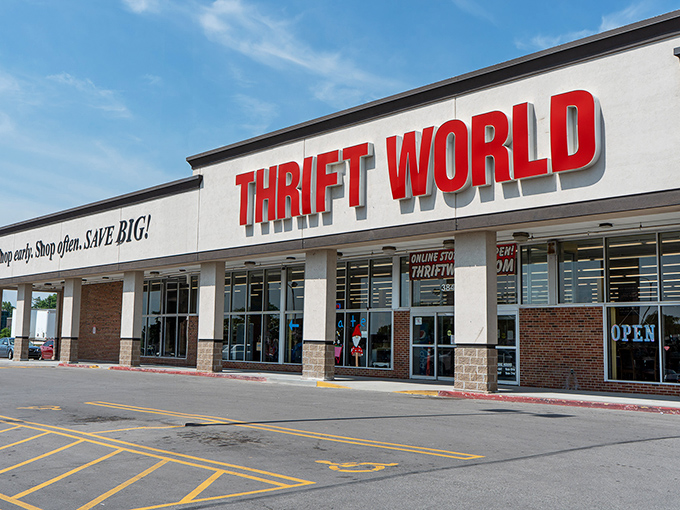 Thrift World's bold red letters don't whisper - they shout about savings from three blocks away.