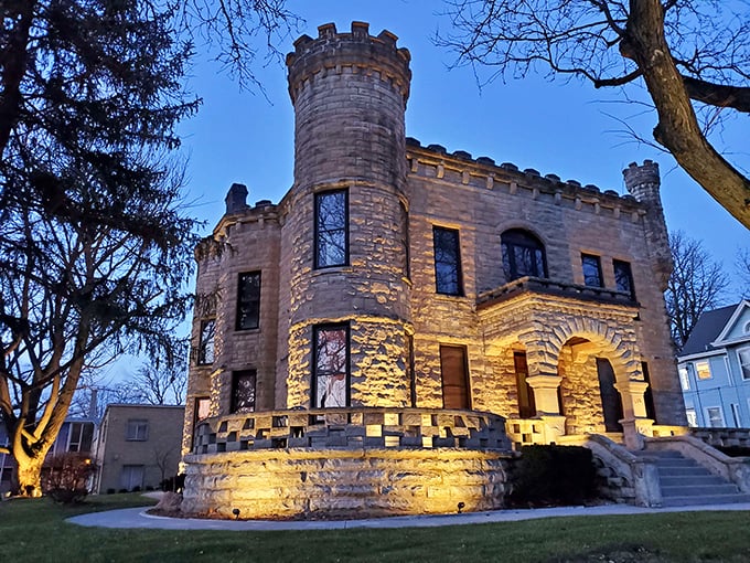 This stone castle in Bishop Hill glows at twilight, looking like it was plucked from a European countryside and planted in Illinois.