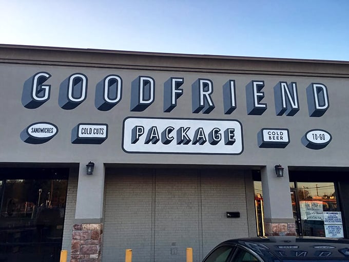 "GOODFRIEND PACKAGE" spelled out in dimensional letters promises good things come in sandwich form at this Dallas favorite.