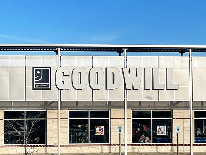 Sunlight bounces off Goodwill's modern exterior, a bright promise of the treasures illuminated within.