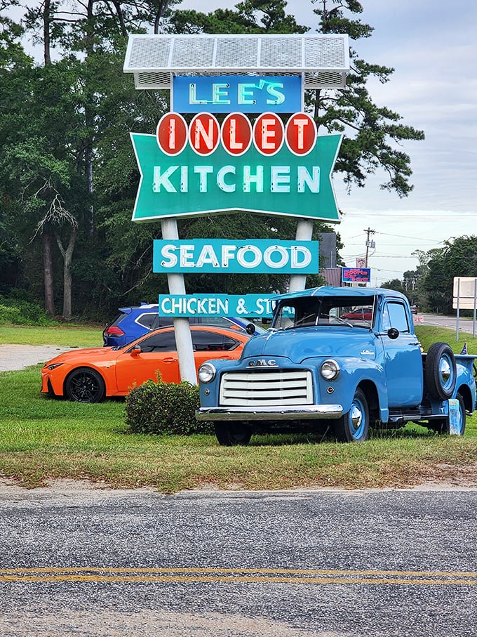 Classic Americana meets fresh-caught delights! Lee's vintage sign and blue pickup truck are the perfect prelude to seafood perfection.