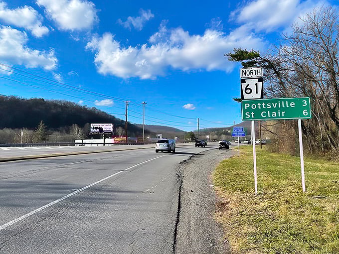 Mountains rise in the distance as Route 61 rolls through the countryside. Pennsylvania showing off its natural muscles!