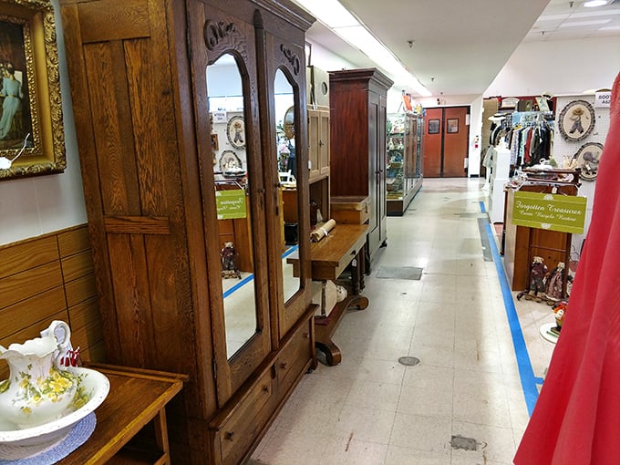 The beautiful tin ceiling watches over aisles of history. That ornate dresser might just fit in your living room!