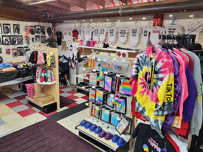 Vibrant displays of tie-dye and pop culture treasures create a feast for the eyes at this collector's paradise.