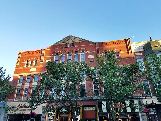 Historic brick facades and bustling shops in downtown Traverse City showcase the city’s vibrant charm and small-town warmth.