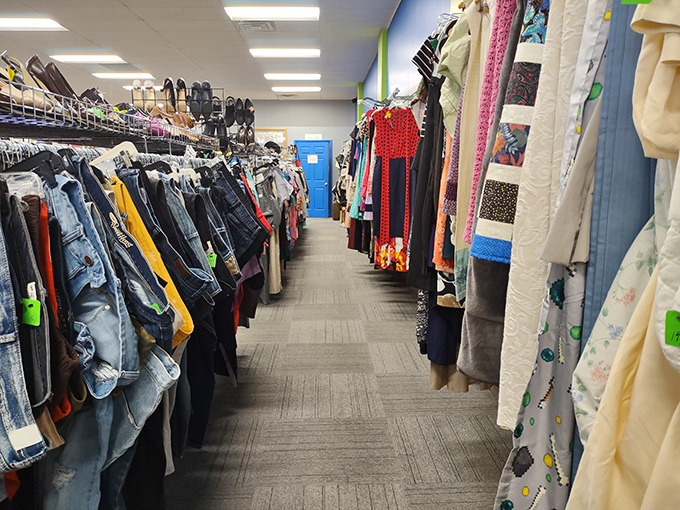 The clothing aisle—a canyon of fabric possibilities where denim, cotton, and polyester live in perfect harmony, waiting for your closet.