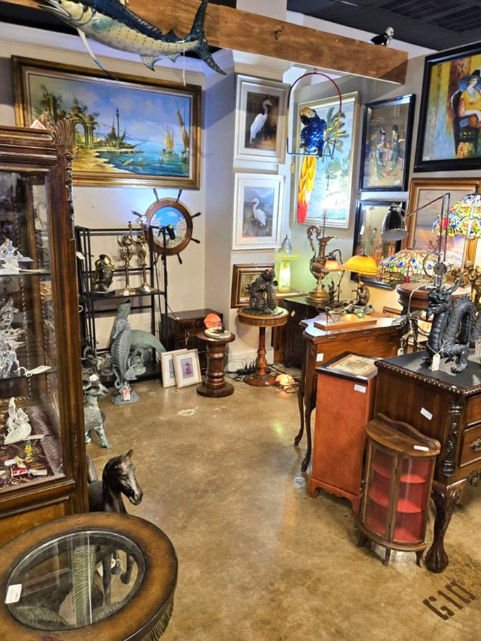 A nautical-themed corner where that marlin might just tell you about the one that got away—if these antiques could talk!
