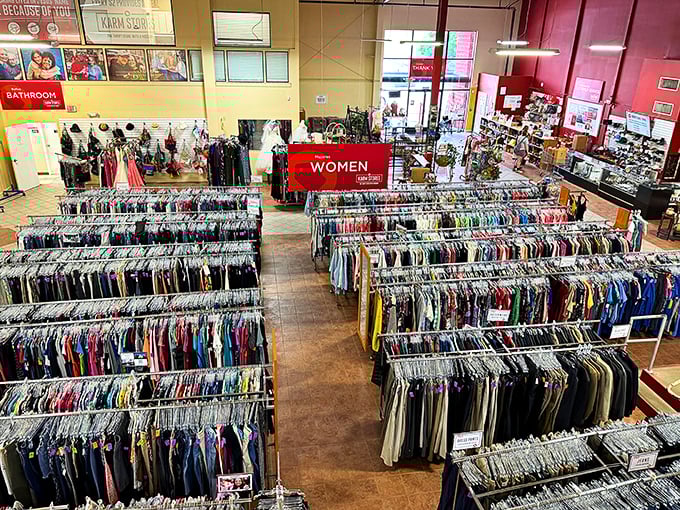The women's section stretches to the horizon, organized with military precision but offering civilian-friendly prices on every rack.