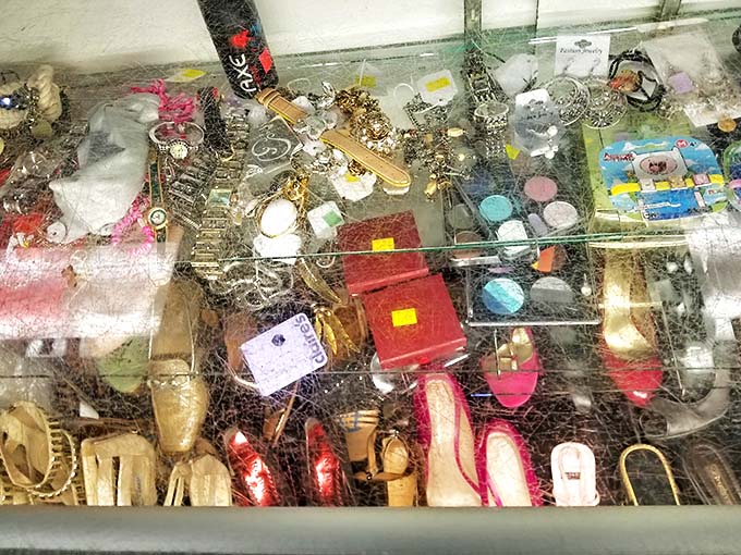 The jewelry case is where patience pays off. Dig through costume pieces and occasionally strike gold—sometimes literally.
