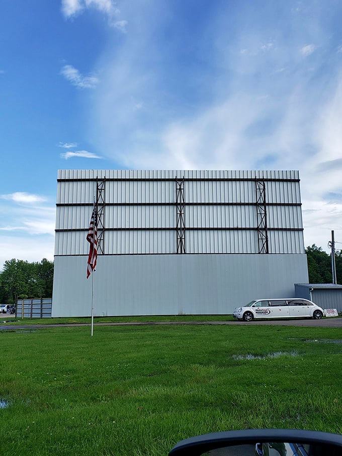 The American flag adds patriotic flair to the back of the screen—even a stretch limo can't upstage this slice of Americana.