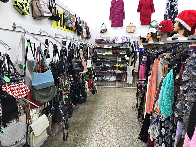 The accessories aisle – a handbag hunter's paradise where vintage Coach mingles with practical totes and the occasional sequined evening clutch.