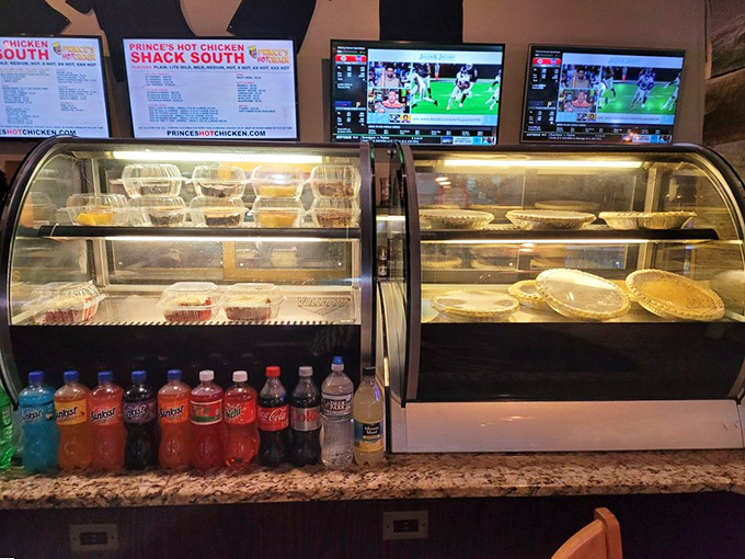The dessert case – where you'll find yourself after claiming victory (or defeat) in your hot chicken adventure. Sweet salvation awaits.