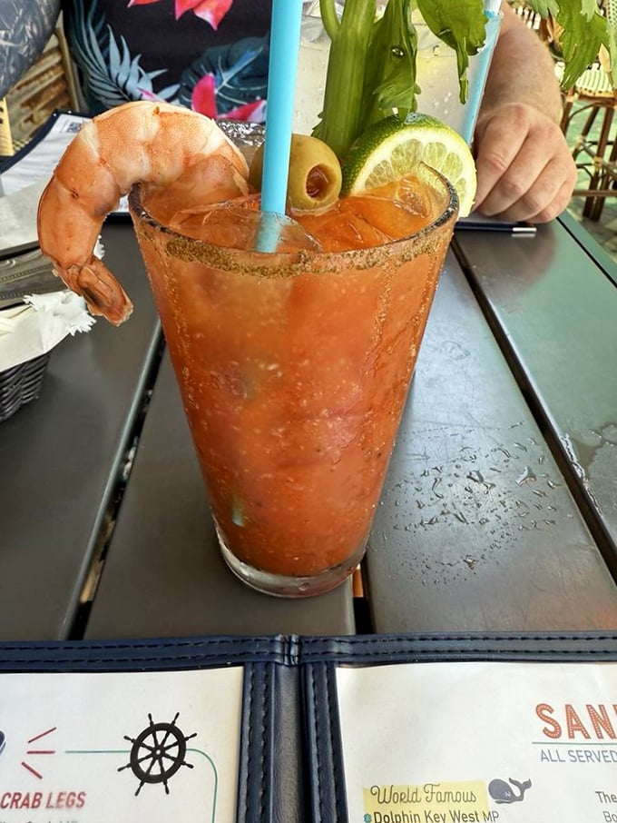 The Whale Mary isn't just a drink—it's a meal with a buzz, complete with a shrimp garnish that's basically an appetizer for your appetizer.