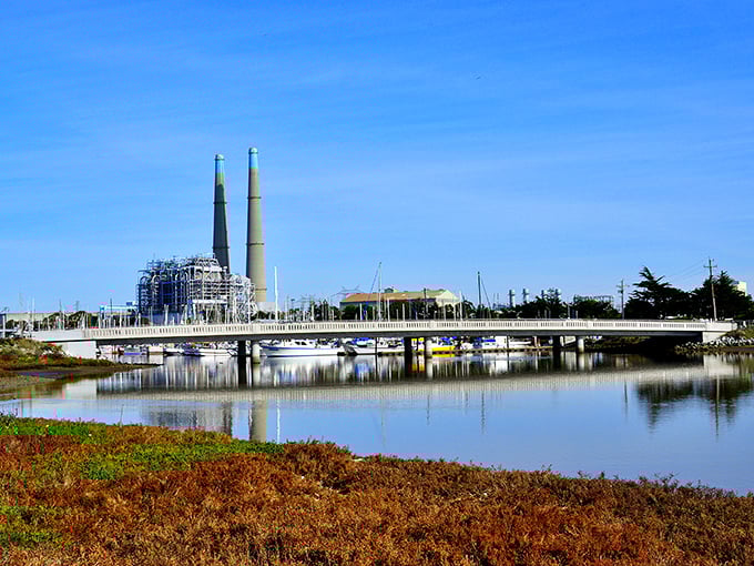 Industrial meets idyllic in perfect harmony. The bridge connects not just shores but worlds—where power plant towers and pleasure craft somehow make perfect sense together.