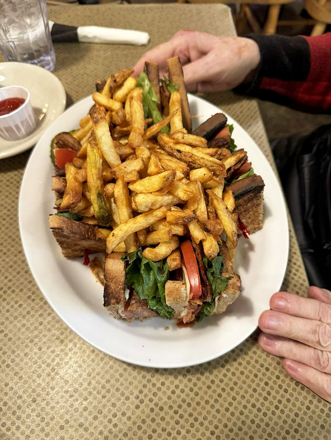 The club sandwich reimagined – layers of goodness stacked high between toasted bread with fries that could steal the spotlight if given half a chance.