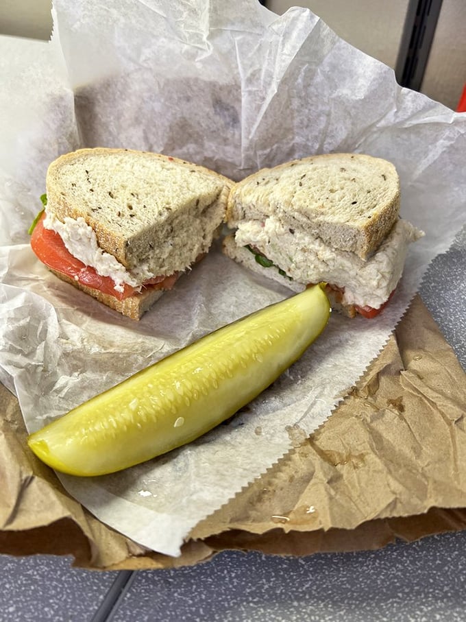 Chicken salad that actually tastes like chicken—revolutionary concept! Paired with a pickle that means business.