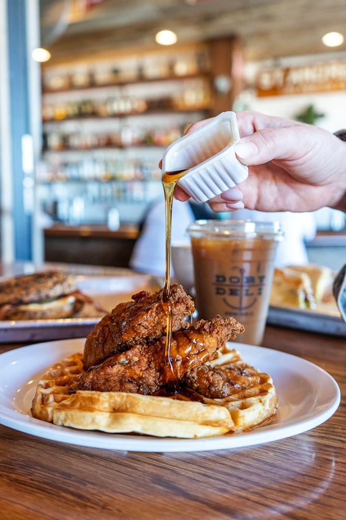 Chicken and waffles with honey drizzle—the breakfast-dinner mashup that makes you question why we even have meal categories.