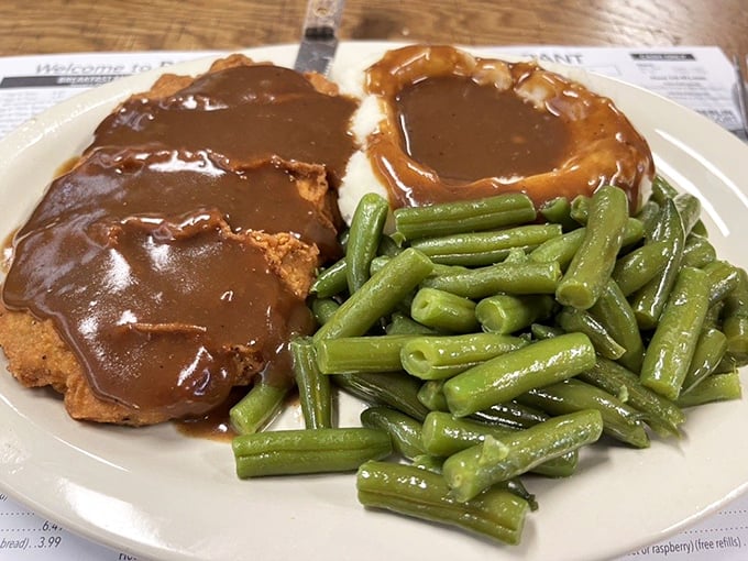 Another masterpiece of country fried steak, where crispy coating meets tender meat in perfect harmony.