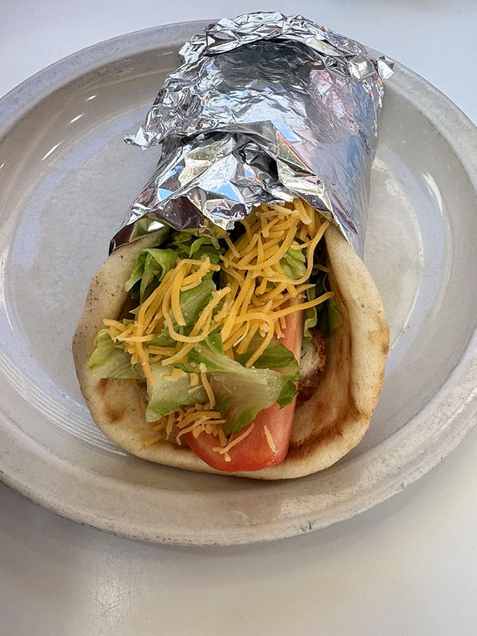 Beyond coneys, Lafayette offers this pita wrap—proof that even classics can occasionally color outside the lines without losing their identity.