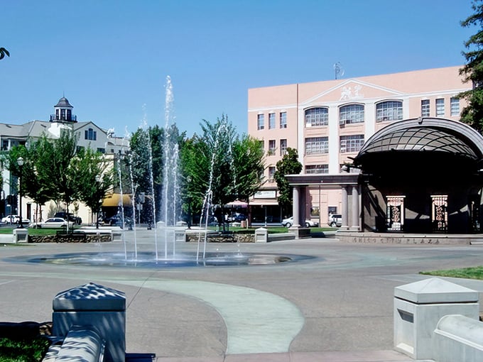 Chico Plaza's dancing fountains provide free entertainment and cooling relief during summer days, proving that the best things in retirement really can be free.