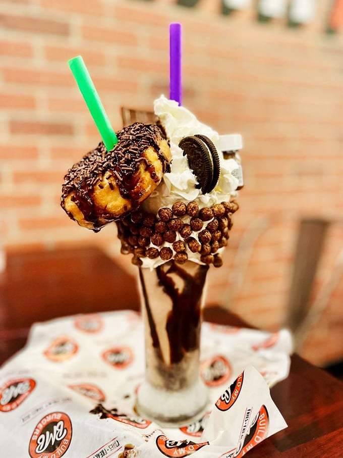 Not so much a milkshake as an architectural marvel. Oreos, whipped cream, and chocolate—the holy trinity of desserts.
