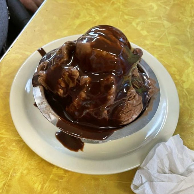 Chocolate ice cream drowning in hot fudge and walnuts—proof that sometimes more is more, and moderation is highly overrated.