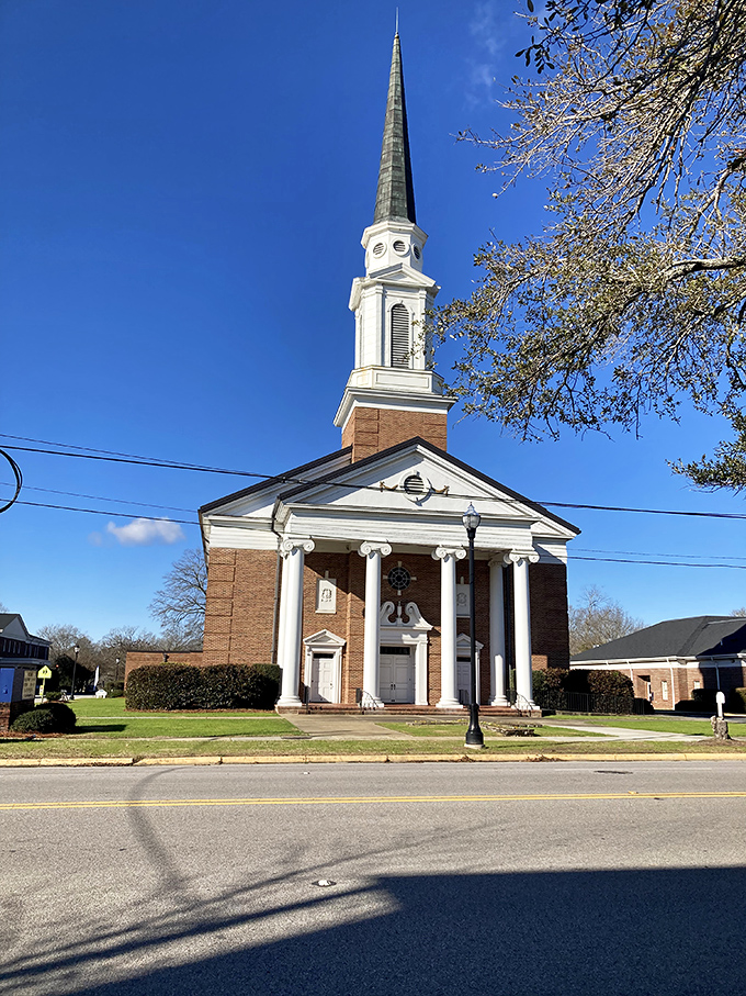 This church's soaring steeple reaches toward heaven while its classical columns ground it firmly in Camden's architectural heritage – faith and history beautifully balanced.