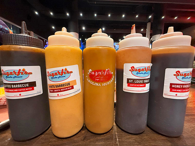 The United Nations of barbecue sauces, where sweet, tangy, and spicy coexist in perfect diplomatic harmony. Choose your ambassador wisely.