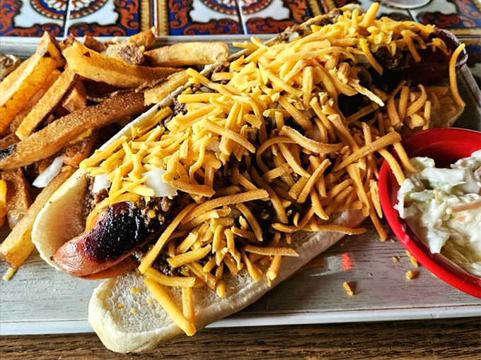 The coney dog comes dressed for success under a blanket of cheese that would make Wisconsin proud. No dainty eaters allowed.
