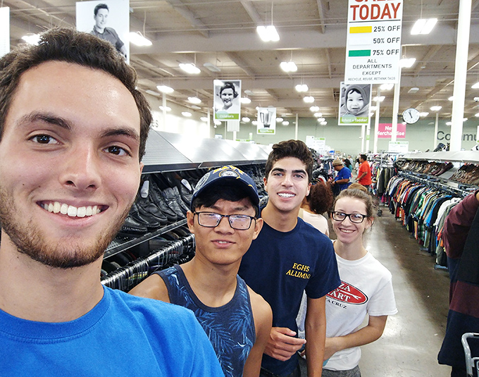 The true spirit of thrifting captured in one selfie—young adventurers embarking on a treasure hunt with more personality than any mall expedition.